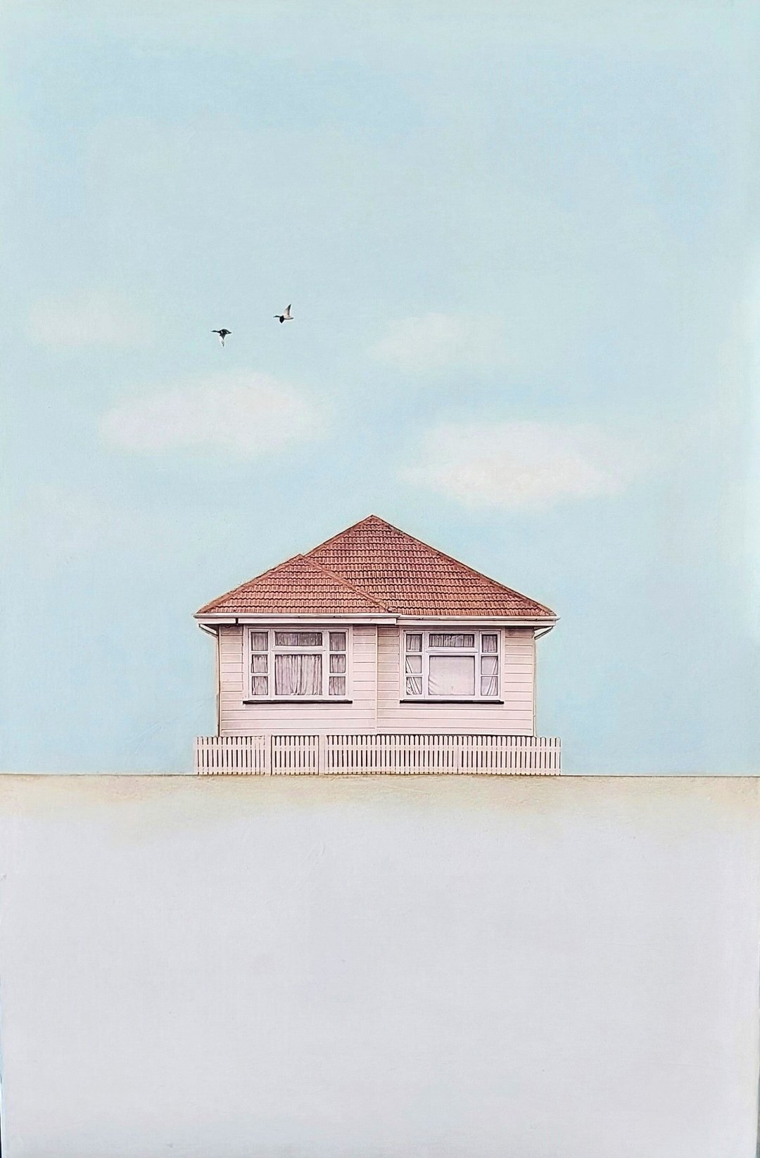 Ordinary Day is a mixed media painting by Deb Fuller of a tidy bungalow