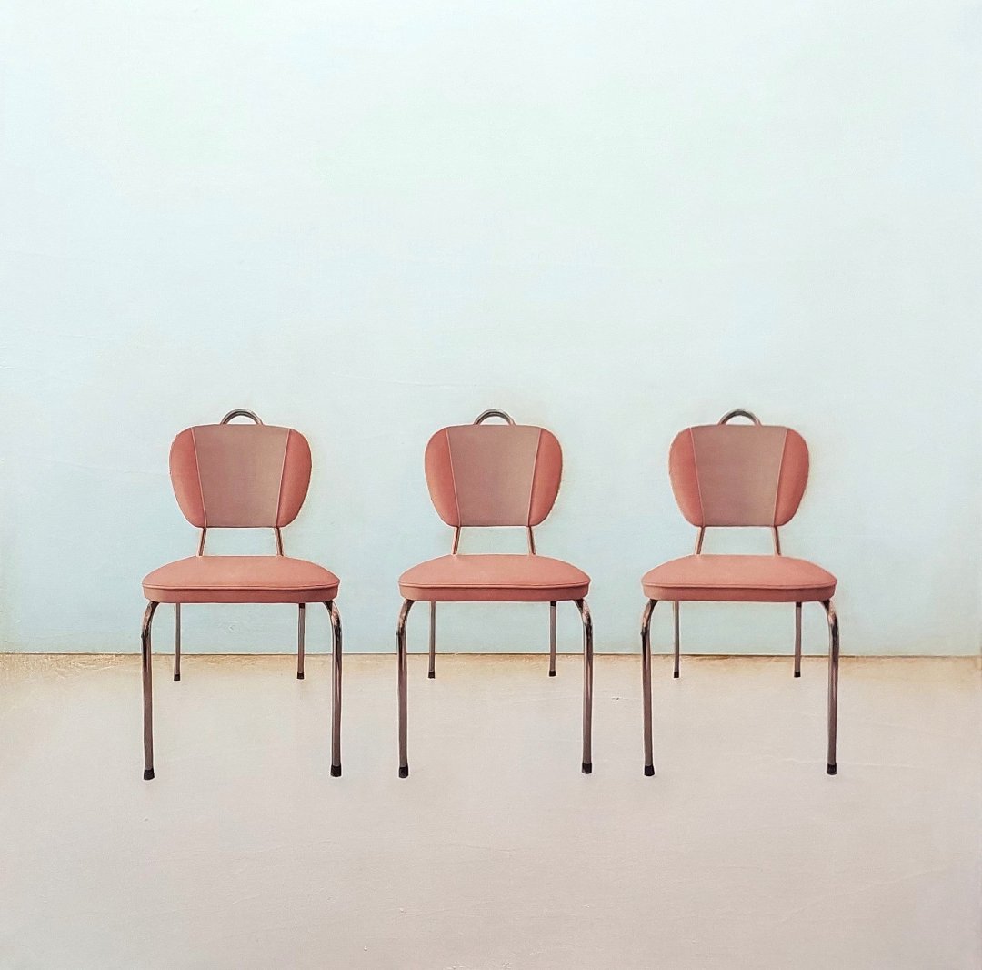 Berry Sunday is a mixed media painting by Deb Fuller of 3 retro chairs