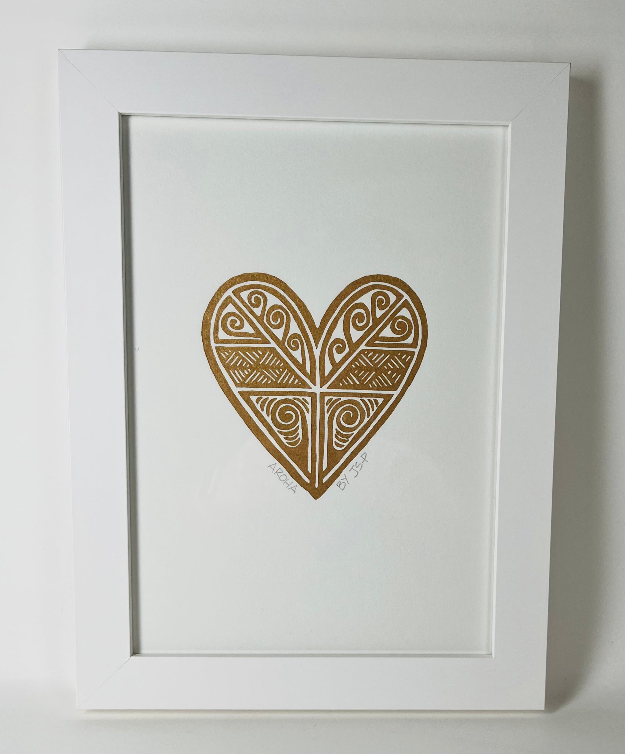 Aroha (Gold) is hand printed from an original woodcut by Jessica Scott ...