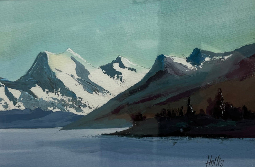 Lake Pukaki With Mt Cook gouache on paper painting by Andrew Hollis