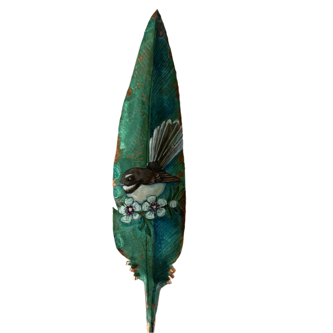 Fantail With Manuka Flower On Copper Feather by Justine Hawksworth