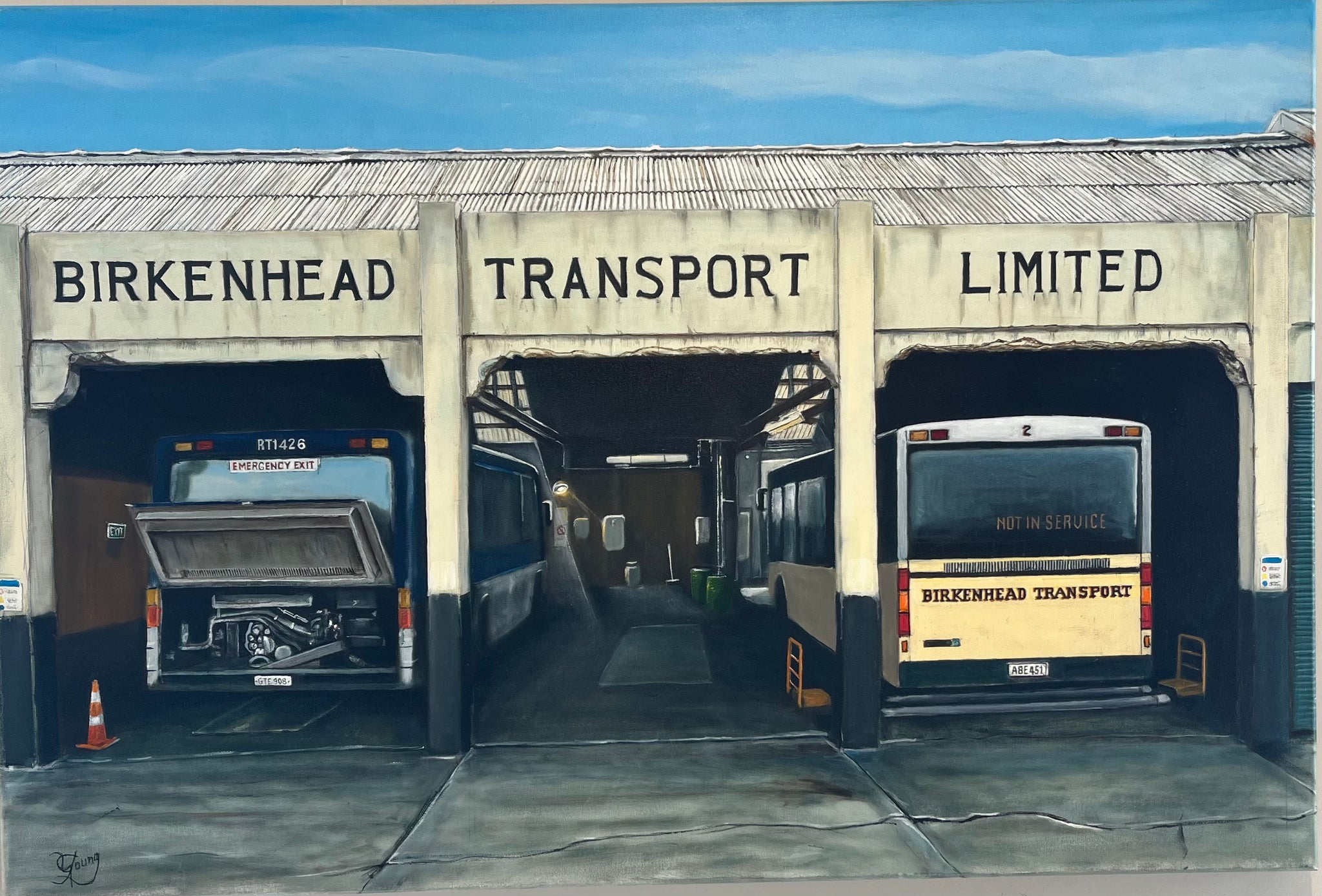 Birkenhead Bus Depot Oil Painting on canvas by local artist Graham Young