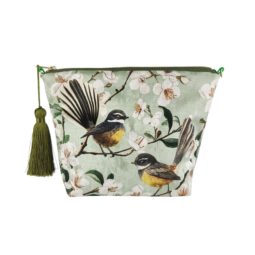 Chatty Fantails velvet cosmetic or clutch bag with tassel zip puller.